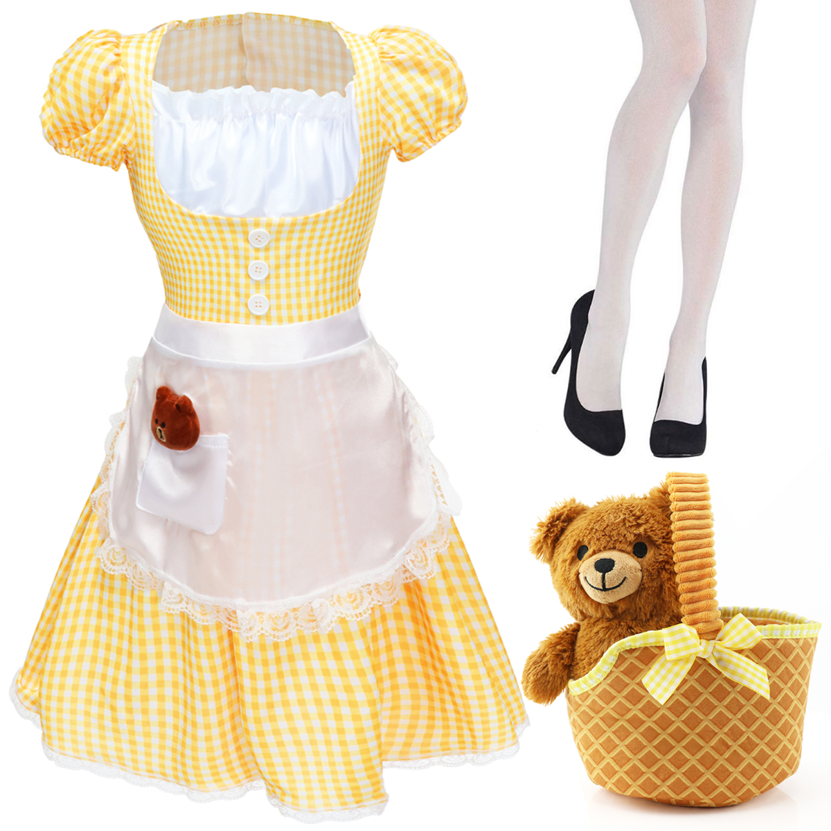 Ladies Goldilocks Costume | 4 Pcs | Dress, Tights, Soft Basket & Bear ...